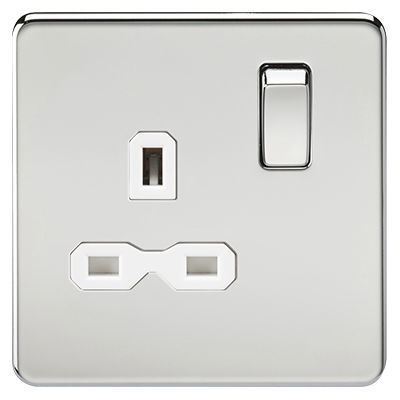 Screwless 13A 1G DP switched socket - polished chrome with white insert ...