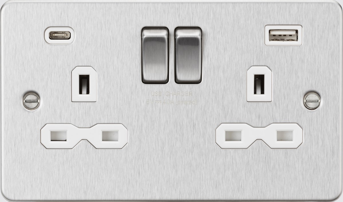 Flat plate 13A 2G SP Switched Socket - Brushed Chrome with White Insert ...