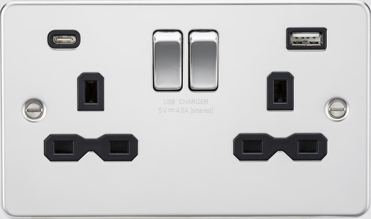 Flat plate 13A 2G SP Switched Socket - Polished Chrome with Black ...