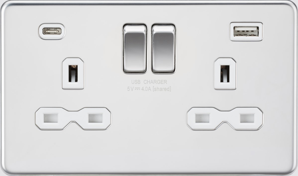 Flat plate 13A 2G SP Switched Socket - Polished Chrome with White ...