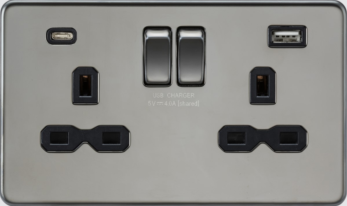 Flat plate 13A 2G SP Switched Socket - Black Nickel with Black Insert ...