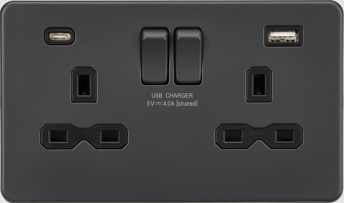 Flat plate 13A 2G SP Switched Socket - Anthracite with Black Insert ...